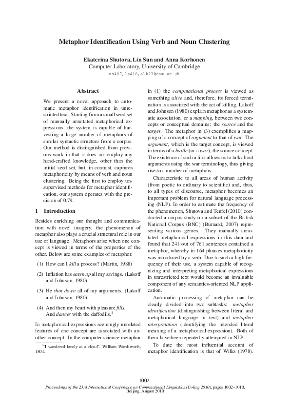 (PDF) Metaphor identification using verb and noun clustering