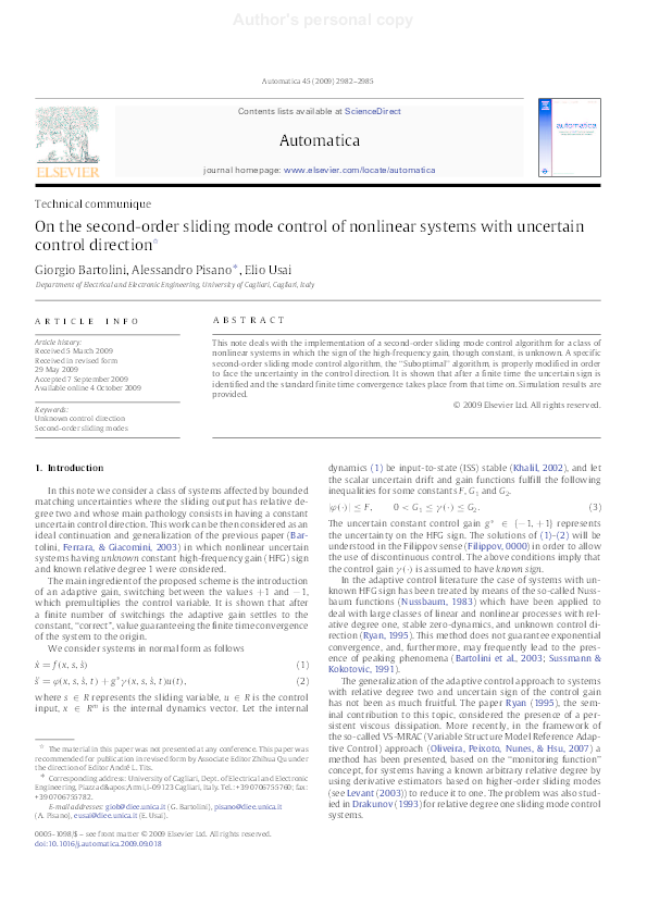 Pdf On The Second Order Sliding Mode Control Of Nonlinear Systems With Uncertain Control Direction