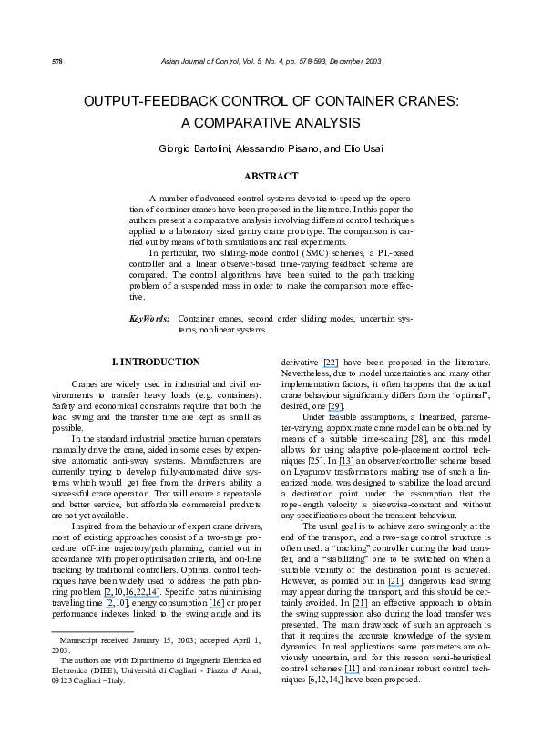 (PDF) OUTPUT-FEEDBACK CONTROL OF CONTAINER CRANES: A COMPARATIVE ANALYSIS