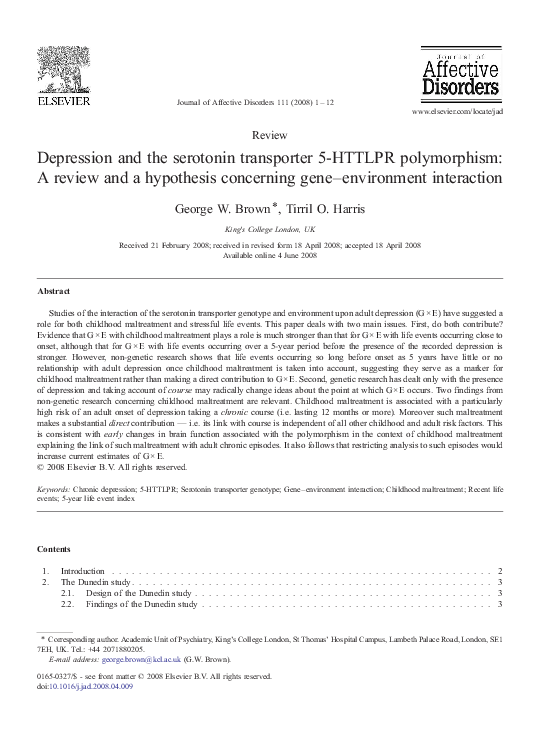 (PDF) Depression and the serotonin transporter 5-HTTLPR polymorphism: A ...