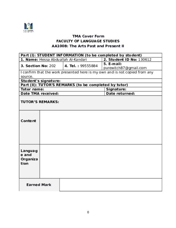 (DOC) TMA Cover Form FACULTY OF LANGUAGE STUDIES AA100B: The Arts Past ...