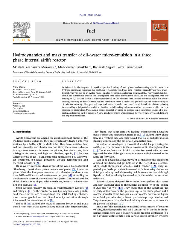 (PDF) Hydrodynamics and mass transfer of oil–water micro-emulsion in a ...