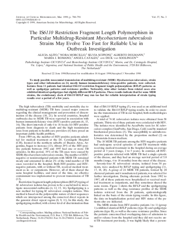 (PDF) The IS6110 restriction fragment length polymorphism in particular multidrug-resistant ...