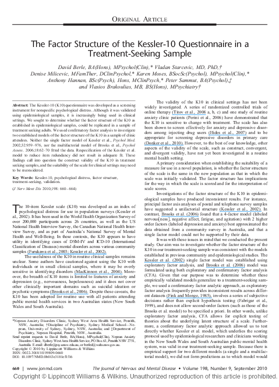 (PDF) The Factor Structure of the Kessler-10 Questionnaire in a ...