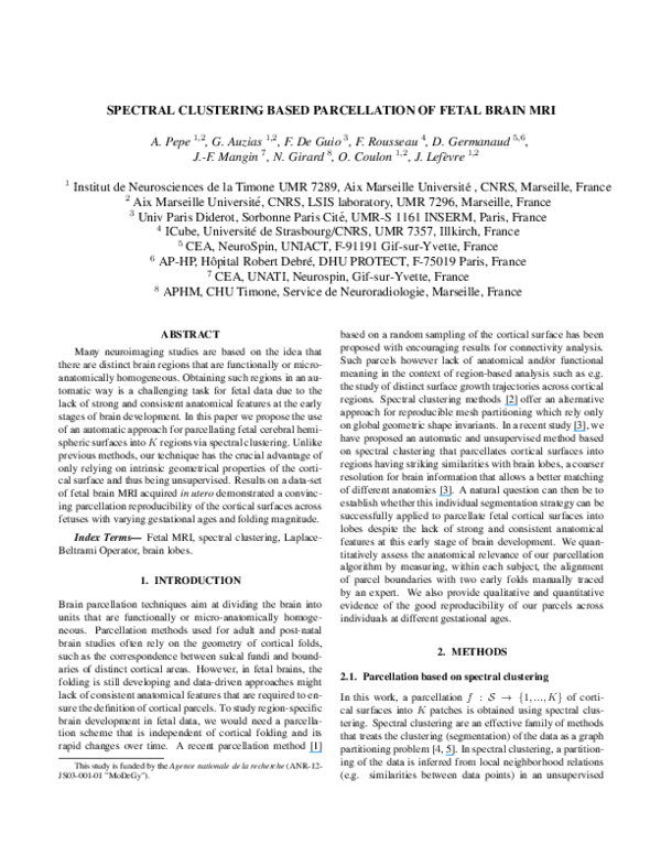 (PDF) SPECTRAL CLUSTERING BASED PARCELLATION OF FETAL BRAIN MRI