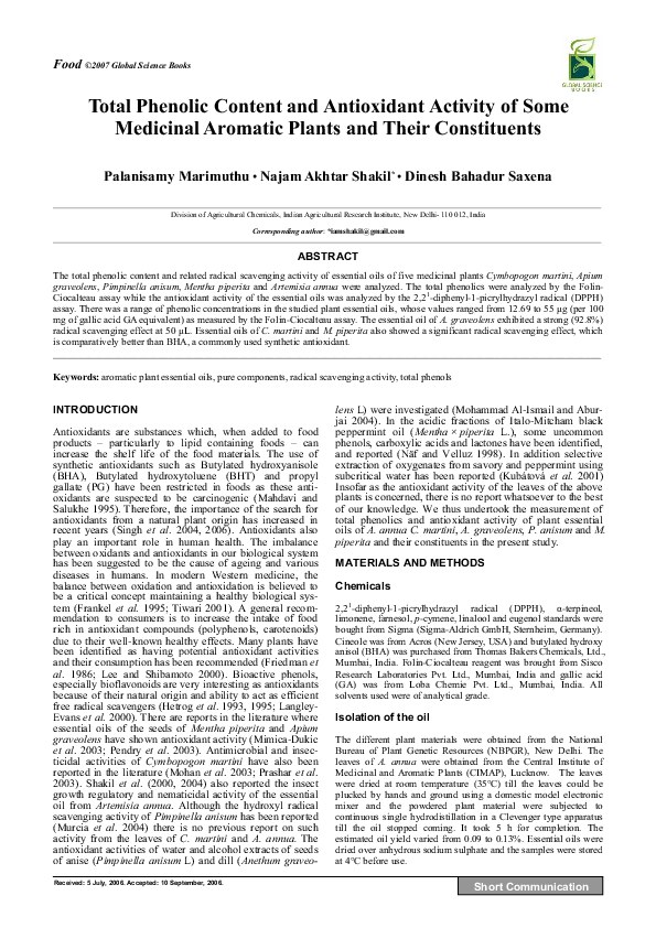 Total Phenolic Content and Antioxidant Activity of Some Medicinal Aromatic Plants and Their ...