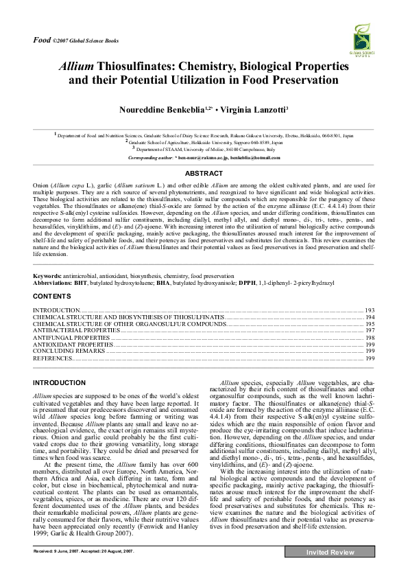 Allium Thiosulfinates: Chemistry, Biological Properties and their ...