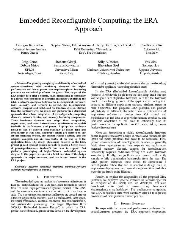 (PDF) Embedded reconfigurable computing: the ERA approach