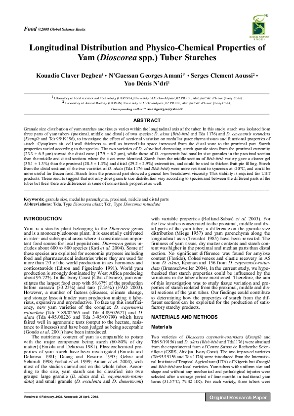Longitudinal Distribution and Physico-Chemical Properties of Yam (Dioscorea spp.) Tuber Starches