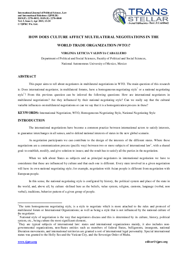 HOW DOES CULTURE AFFECT MULTILATERAL NEGOTIATIONS IN THE WORLD TRADE ...