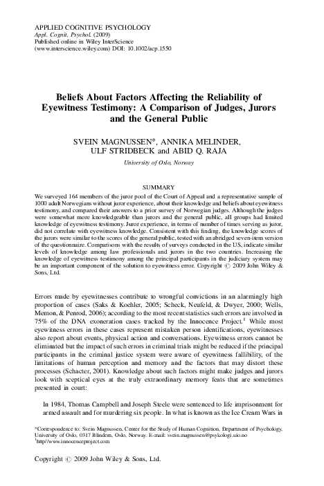 (PDF) Beliefs about factors affecting the Reliability of eyewitness ...