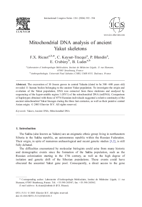 (PDF) Mitochondrial DNA analysis of ancient Yakut skeletons