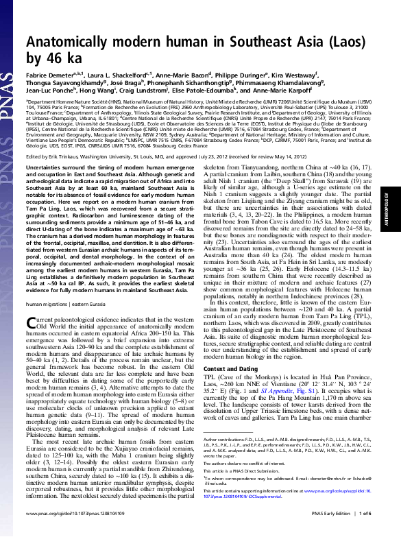 (PDF) Anatomically modern human in Southeast Asia (Laos) by 46 ka