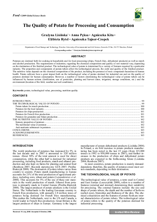 The Quality of Potato for Processing and Consumption