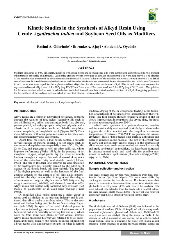 Kinetic Studies in the Synthesis of Alkyd Resin Using Crude Azadirachta ...