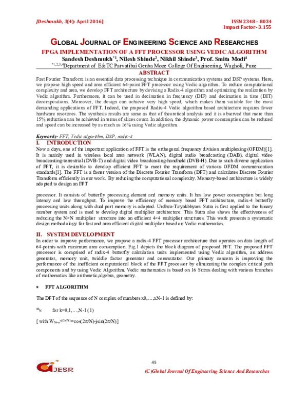 (PDF) FPGA IMPLEMENTATION OF A FFT PROCESSOR USING VEDIC ALGORITHM