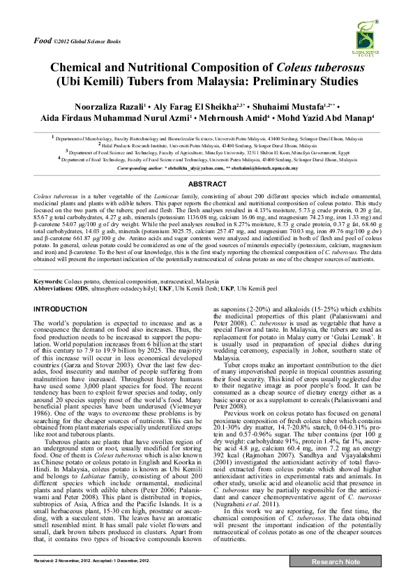 Chemical and Nutritional Composition of Coleus tuberosus (Ubi Kemili ...