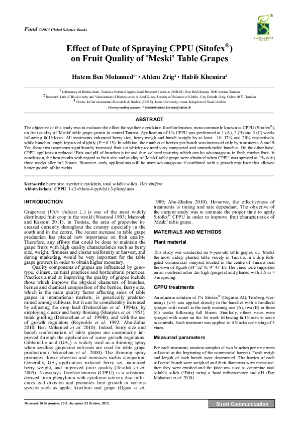 Effect of Date of Spraying CPPU (Sitofex ® ) on Fruit Quality of 'Meski ...