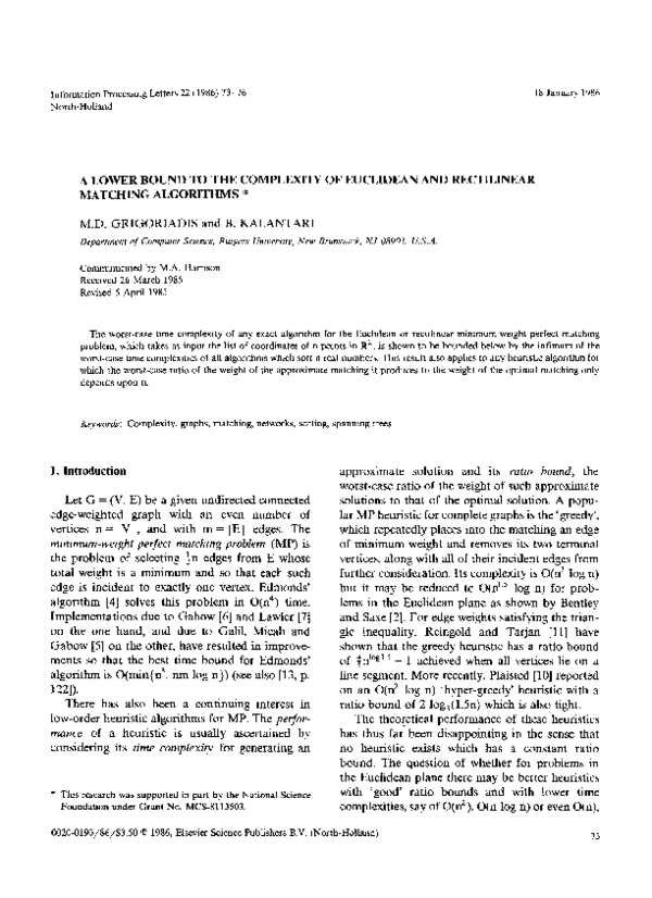 (PDF) A lower bound to the complexity of Euclidean and rectilinear matching algorithms