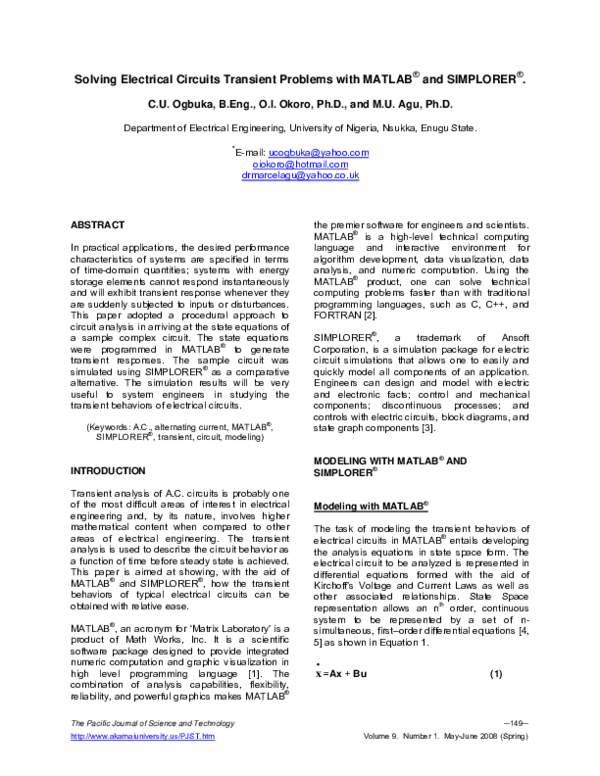 (PDF) Solving Electrical Circuits Transient Problems with MATLAB ® and SIMPLORER