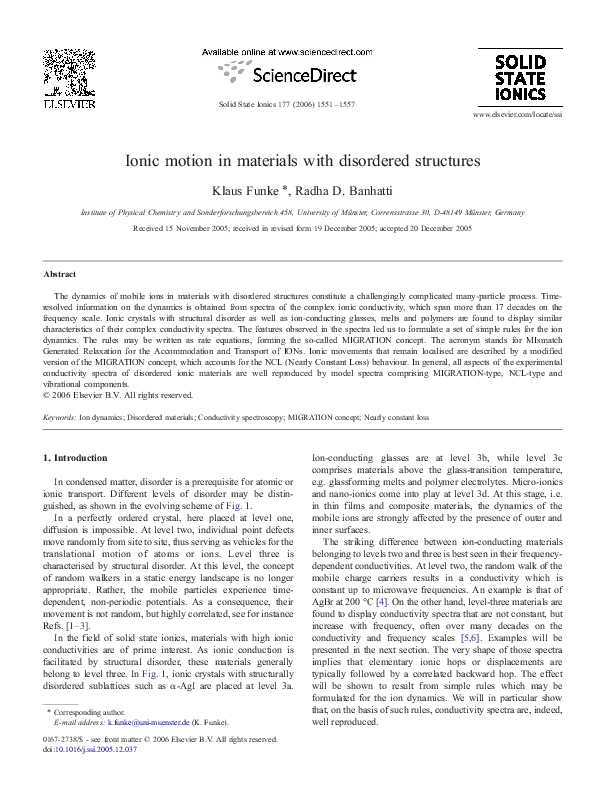 (PDF) Ionic motion in materials with disordered structures: conductivity spectra and the concept ...