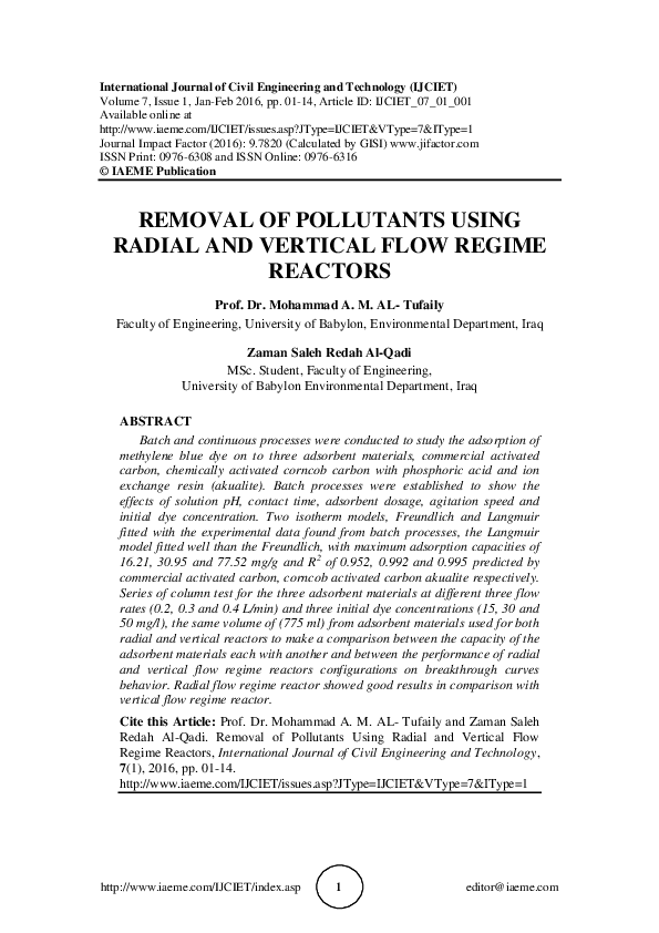 (PDF) REMOVAL OF POLLUTANTS USING RADIAL AND VERTICAL FLOW REGIME REACTORS