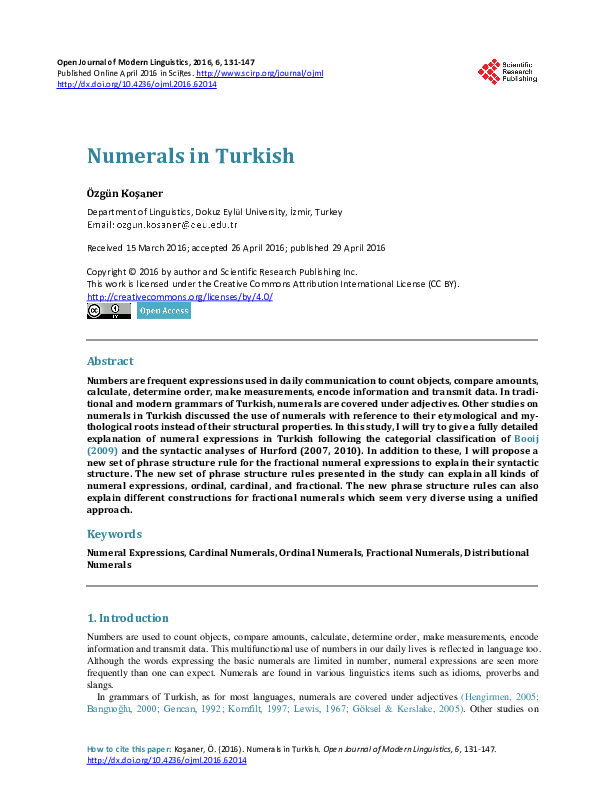 (PDF) Numerals in Turkish