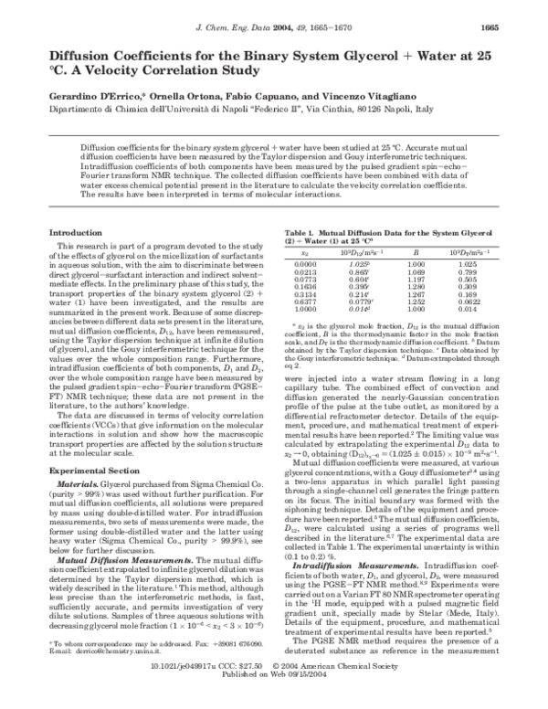 (PDF) Diffusion Coefficients for the Binary System Glycerol + Water at 25 °C. A Velocity ...