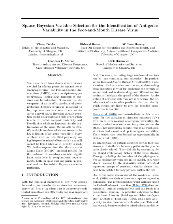 Pdf Sparse Bayesian Variable Selection For The Identiﬁcation Of Antigenic Variability In The