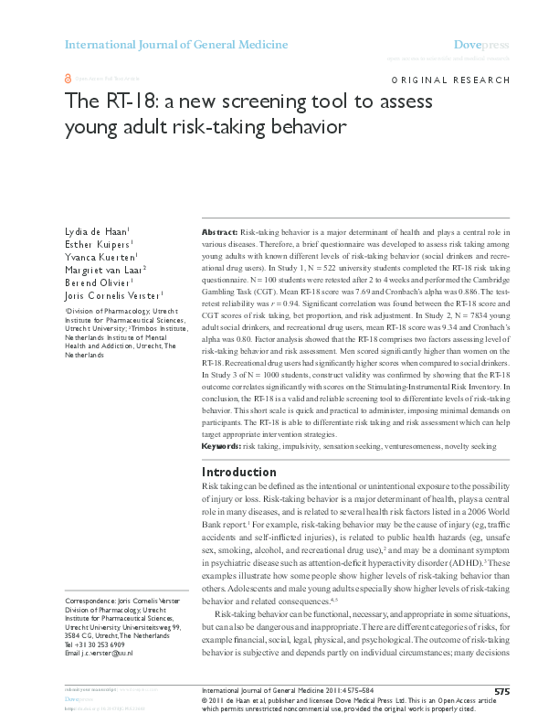 (PDF) The RT-18: a new screening tool to assess young adult risk-taking ...