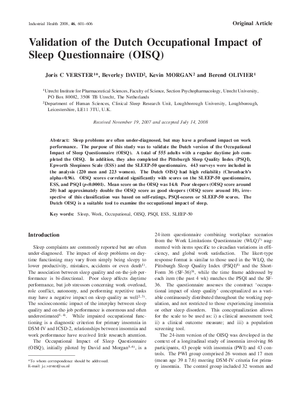(PDF) Validation of the Dutch Occupational Impact of Sleep ...