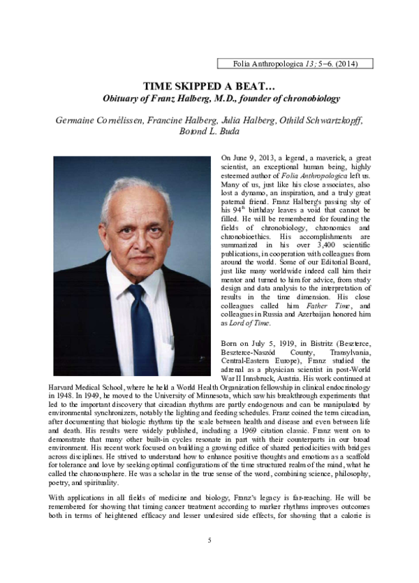 (PDF) TIME SKIPPED A BEAT… Obituary of Franz Halberg