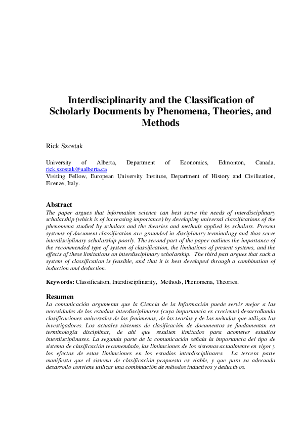 (PDF) Interdisciplinarity and the classification os scholarly documents by phenomena, theories ...