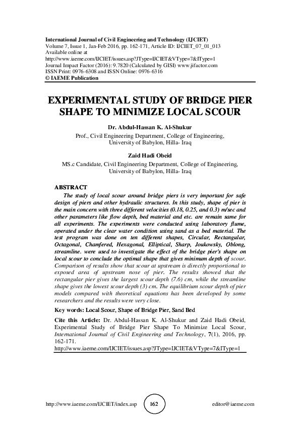(PDF) EXPERIMENTAL STUDY OF BRIDGE PIER SHAPE TO MINIMIZE LOCAL SCOUR