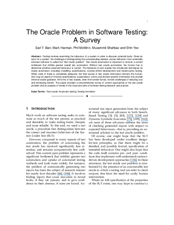 Pdf The Oracle Problem In Software Testing A Survey