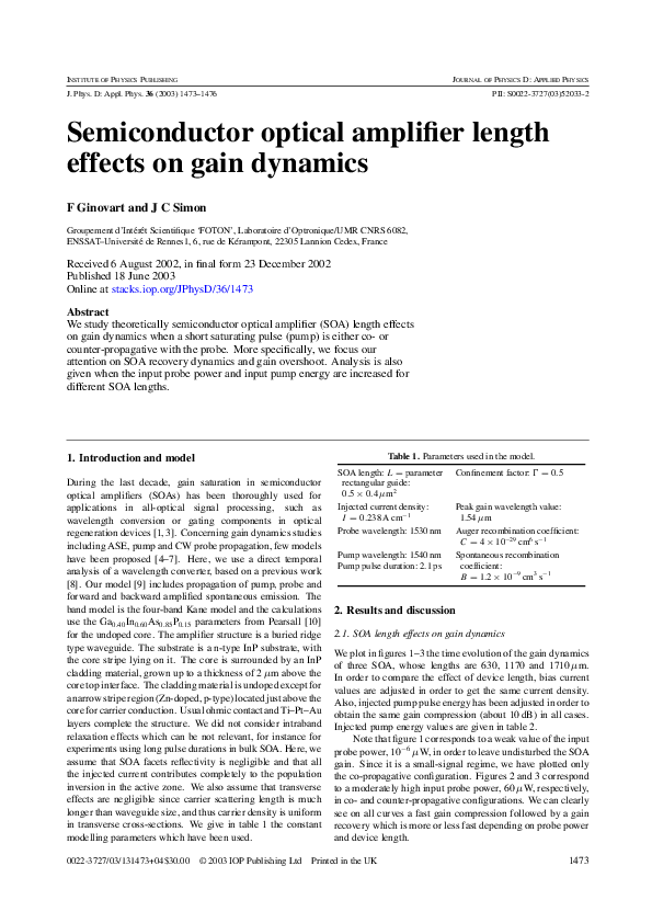 (PDF) Semiconductor optical amplifier length effects on gain dynamics | F. Ginovart - Academia.edu