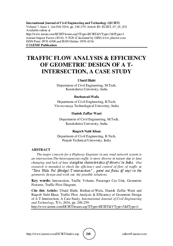 (PDF) TRAFFIC FLOW ANALYSIS & EFFICIENCY OF GEOMETRIC DESIGN OF A T-INTERSECTION, A CASE STUDY