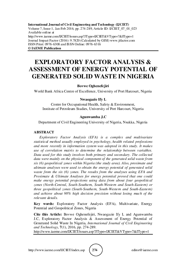 (PDF) EXPLORATORY FACTOR ANALYSIS & ASSESSMENT OF ENERGY POTENTIAL OF GENERATED SOLID WASTE IN ...