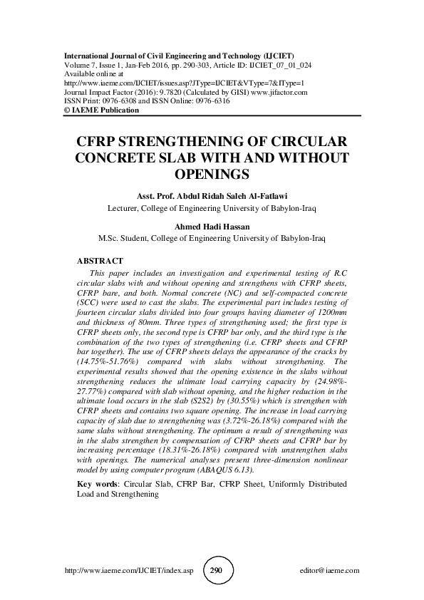 (PDF) CFRP STRENGTHENING OF CIRCULAR CONCRETE SLAB WITH AND WITHOUT ...