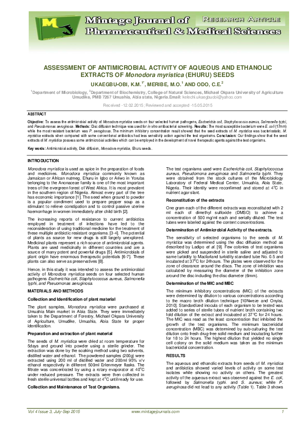 (PDF) ASSESSMENT OF ANTIMICROBIAL ACTIVITY OF AQUEOUS AND ETHANOLIC EXTRACTS OF Monodora ...