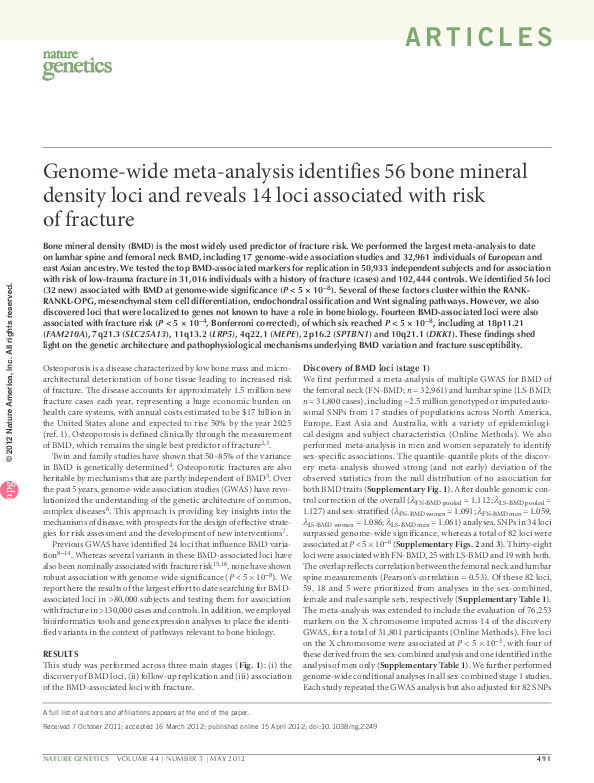 (PDF) Genome-wide meta-analysis identifies 56 bone mineral density loci and reveals 14 loci ...