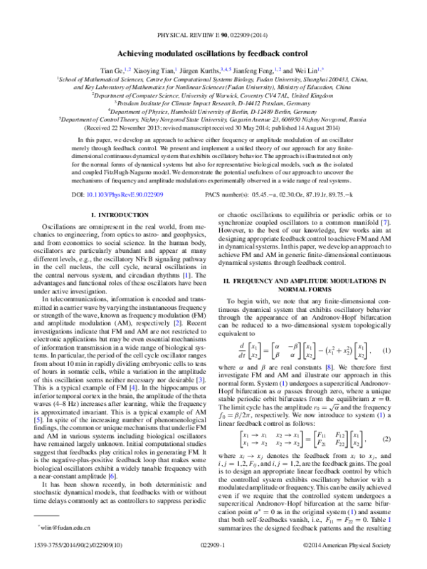 (PDF) Achieving modulated oscillations by feedback control | Jurgen ...