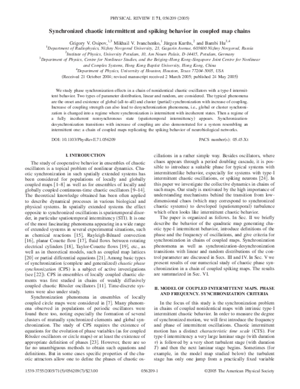 Pdf Synchronized Chaotic Intermittent And Spiking Behavior In Coupled Map Chains
