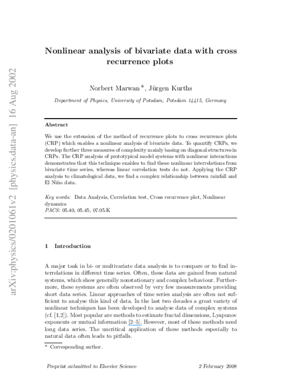Pdf Nonlinear Analysis Of Bivariate Data With Cross Recurrence Plots