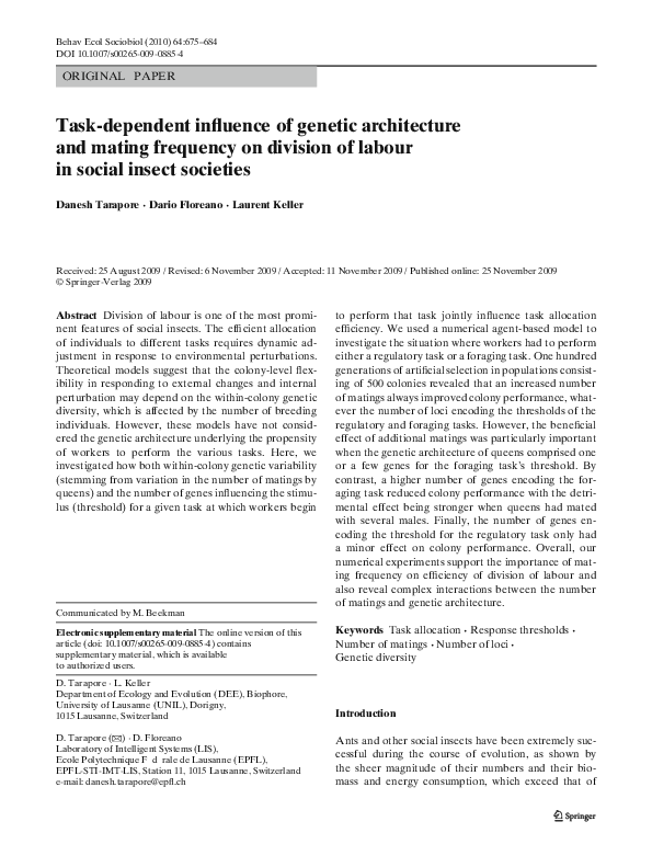 Pdf Task Dependent Influence Of Genetic Architecture And Mating