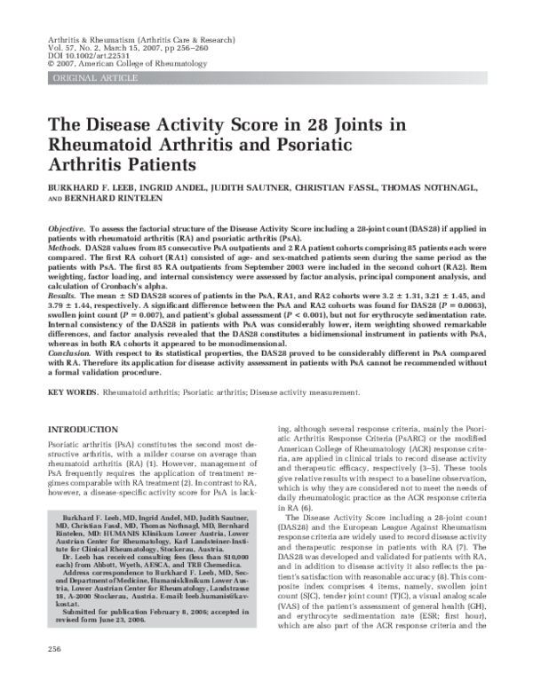 (PDF) The Disease Activity Score in 28 joints in rheumatoid arthritis ...