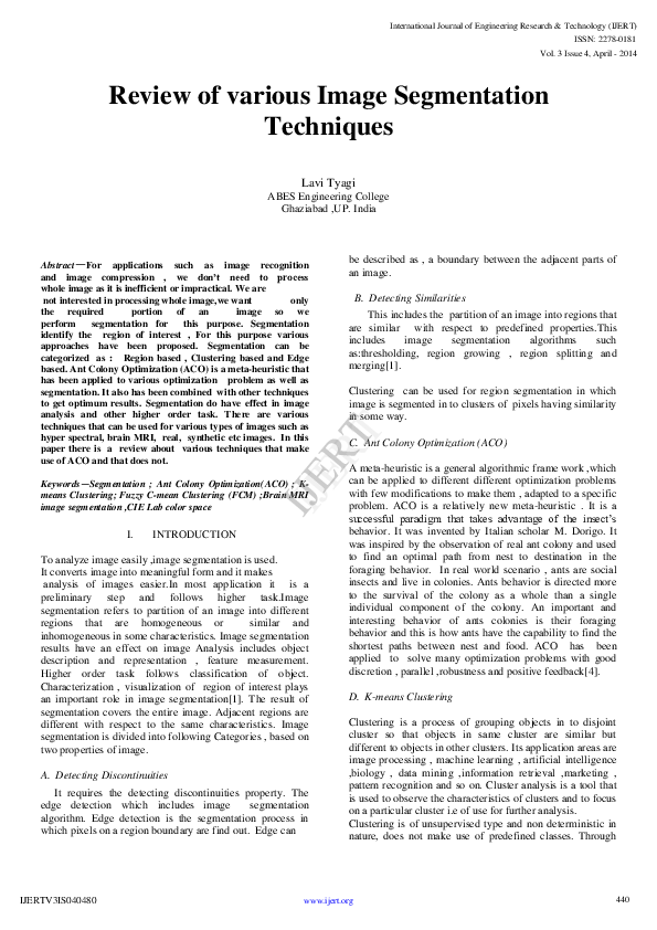 (PDF) Review of various Image Segmentation Techniques