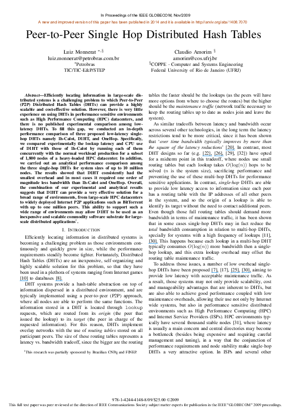 (PDF) Peer-to-Peer Single Hop Distributed Hash Tables