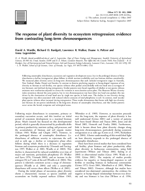 (PDF) The response of plant diversity to ecosystem retrogression ...