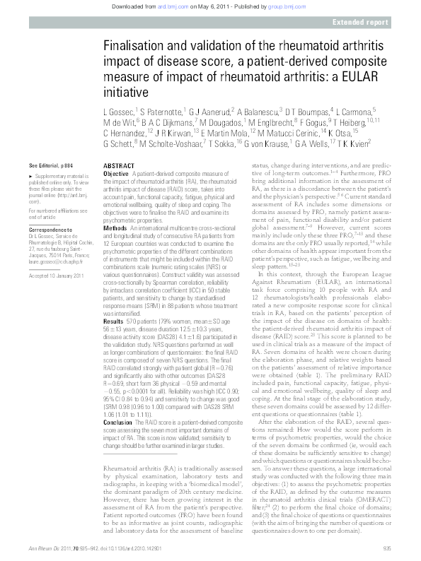 (PDF) Finalisation and validation of the rheumatoid arthritis impact of ...